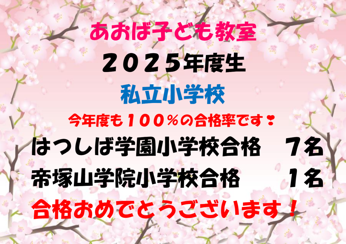 2025年度生 私立小学校受験結果 あおば子ども教室｜大阪堺市の幼児・小中学生の受験指導学習塾